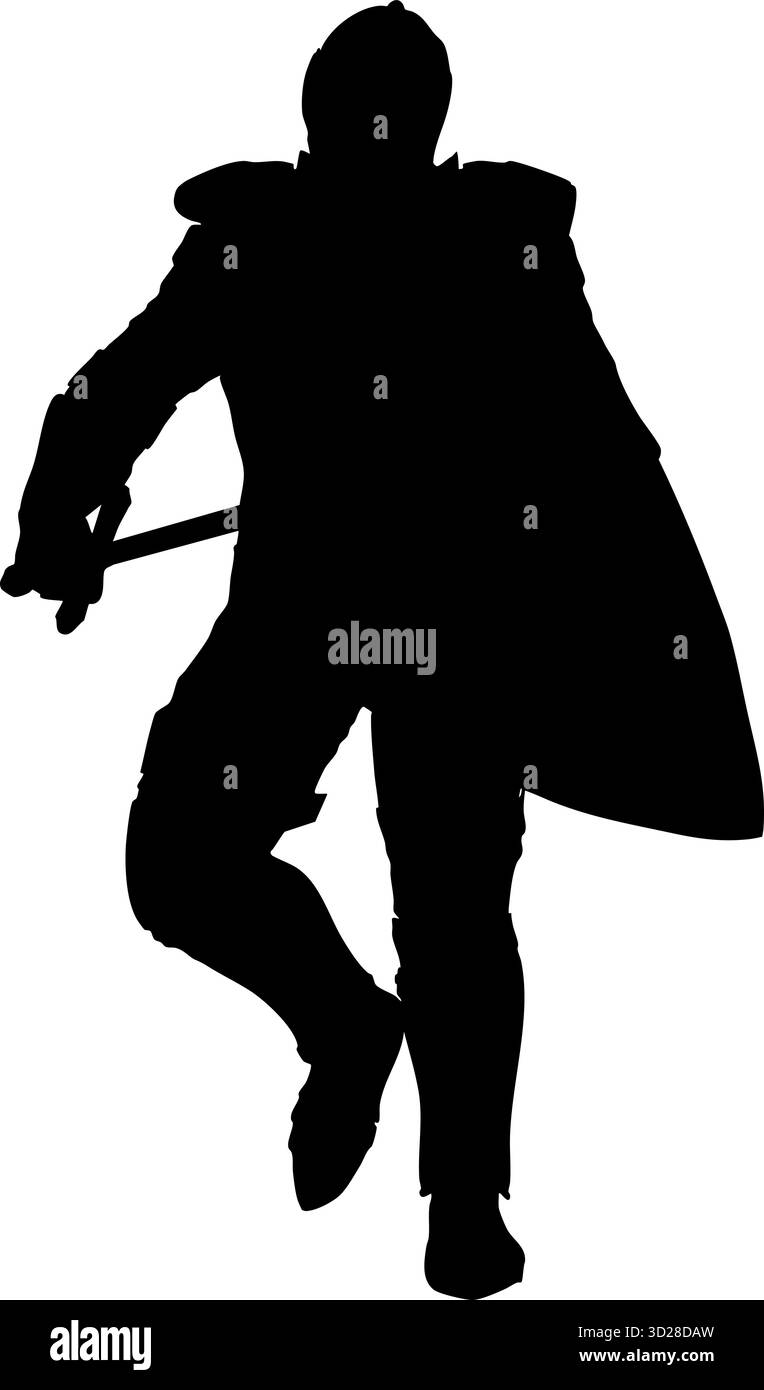Silhouette of a medieval knight in a battle stance, holding a sword and ...