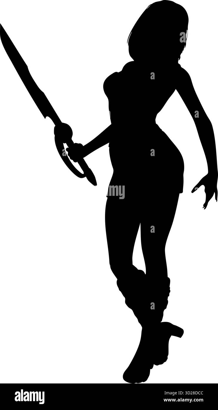 Illustration of a dynamic silhouette of a female warrior holding a ...