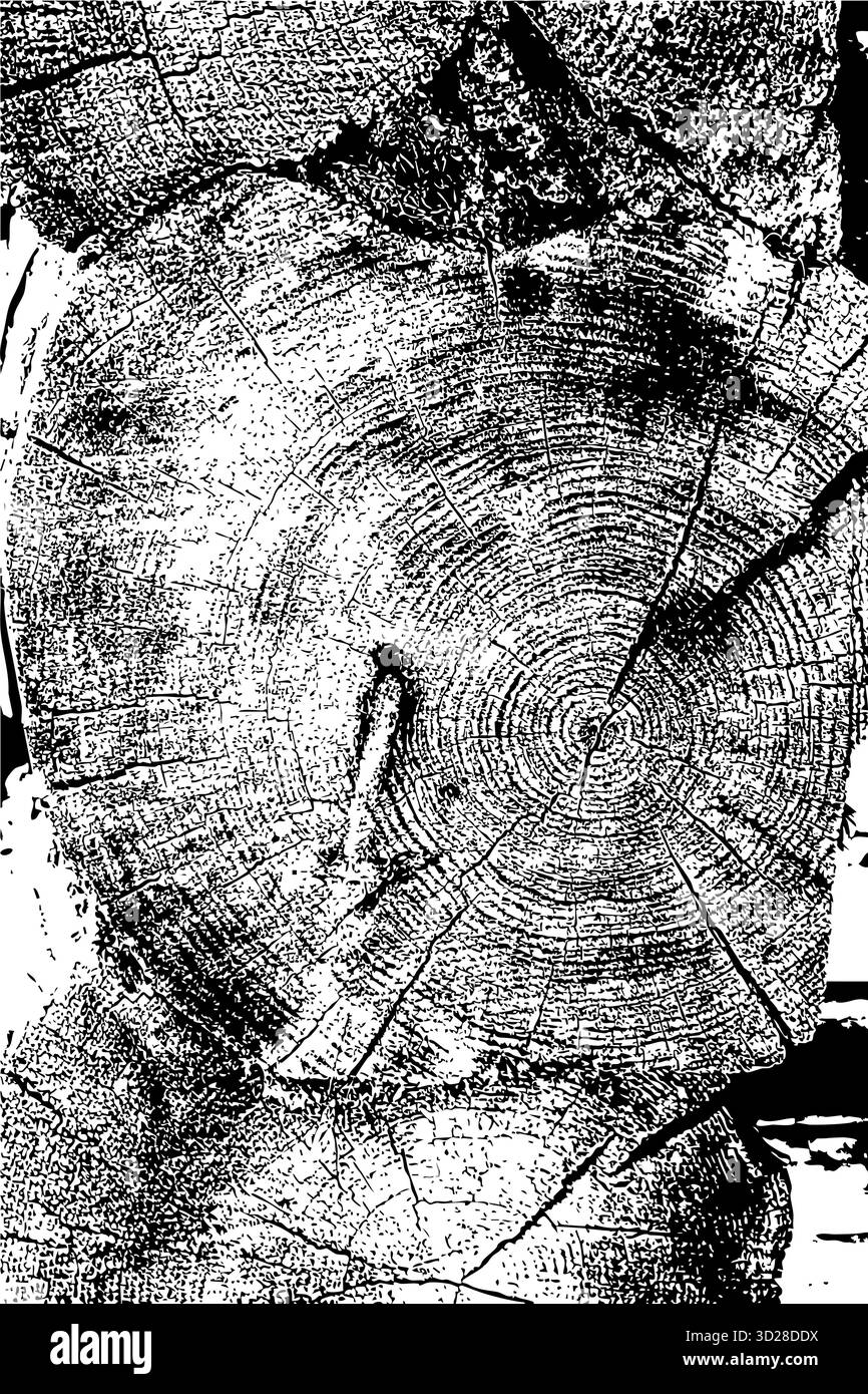 High contrast illustration of a rustic tree trunk with visible annual ...