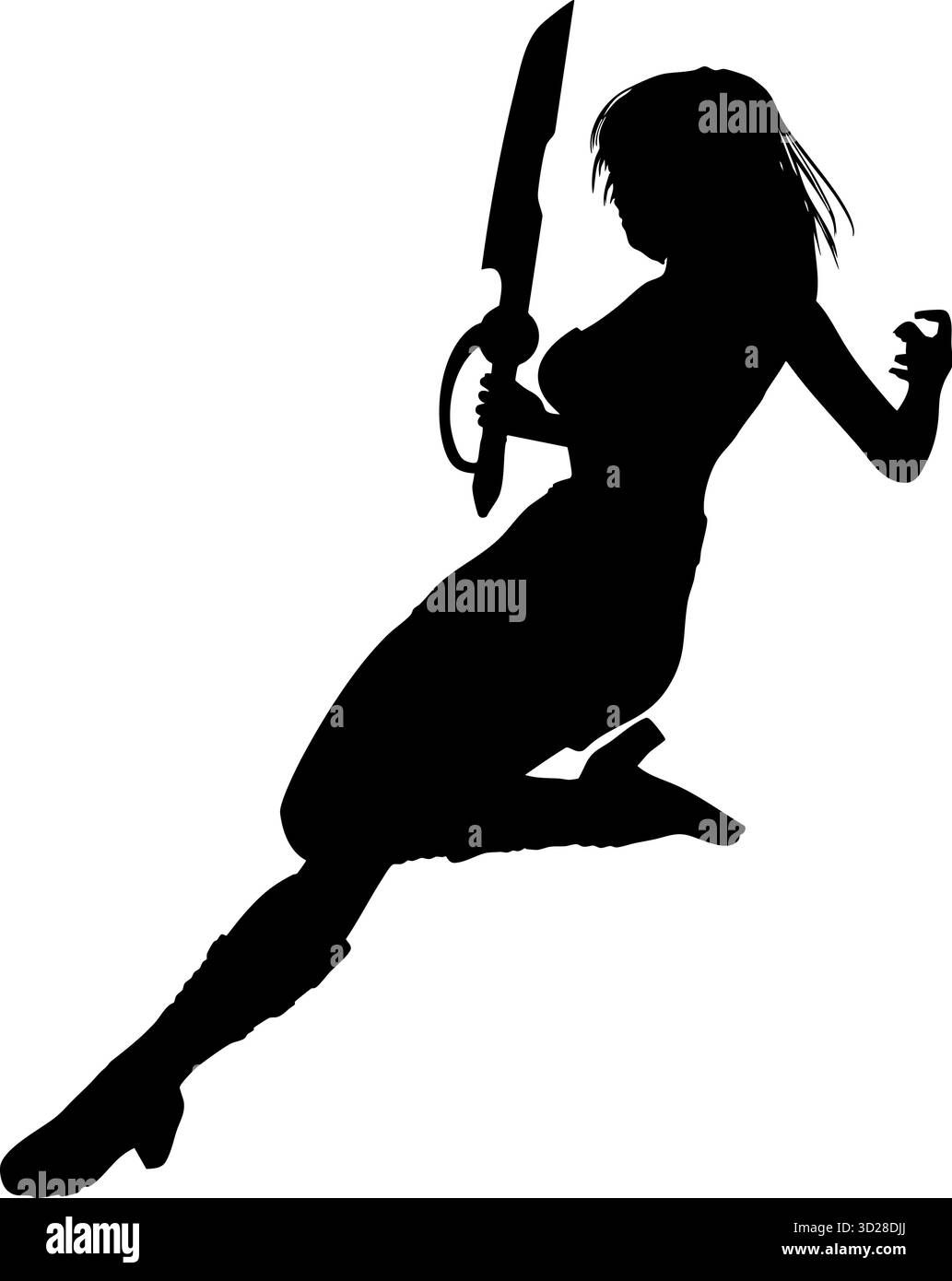Illustration of a dynamic silhouette of a female warrior holding a ...