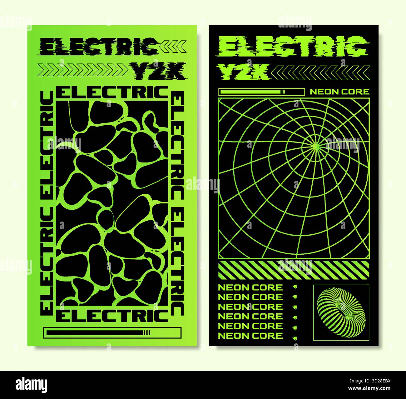 Vertical Y2K banner set with neon core grid and techno patterns in ...