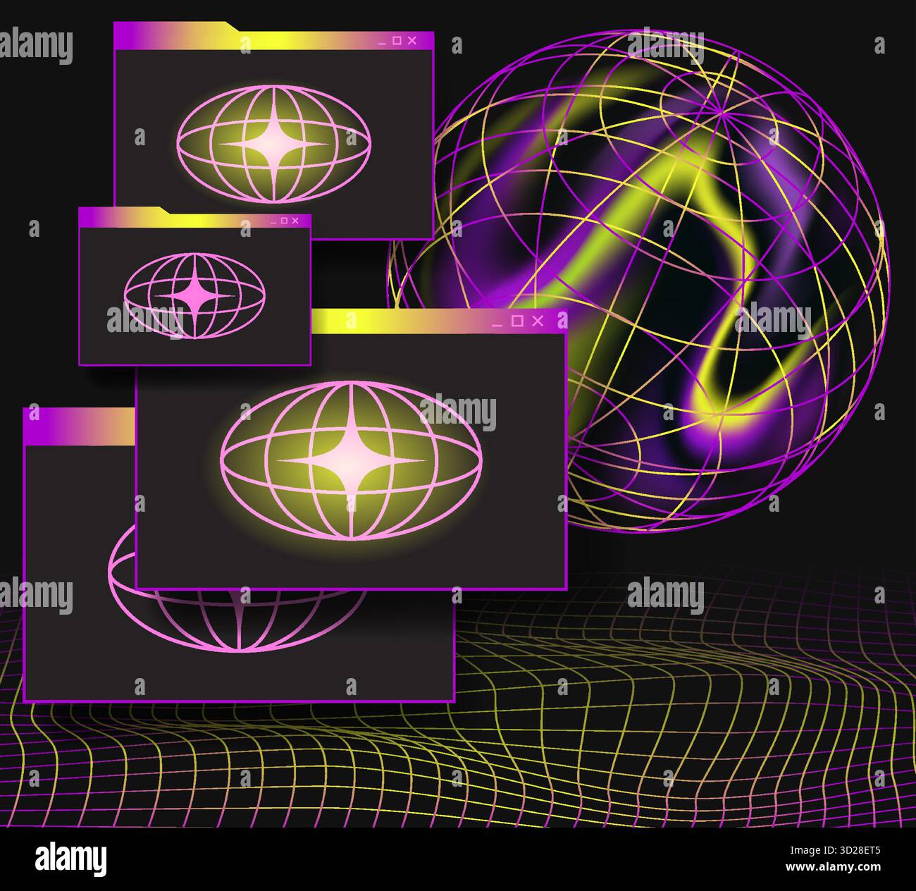 Abstract electric Y2K composition with neon spheres wireframe curves ...