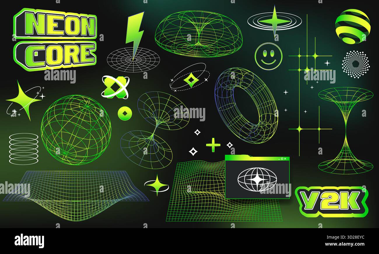 Set of neon Y2K wireframe symbols including spheres stars and tech ...