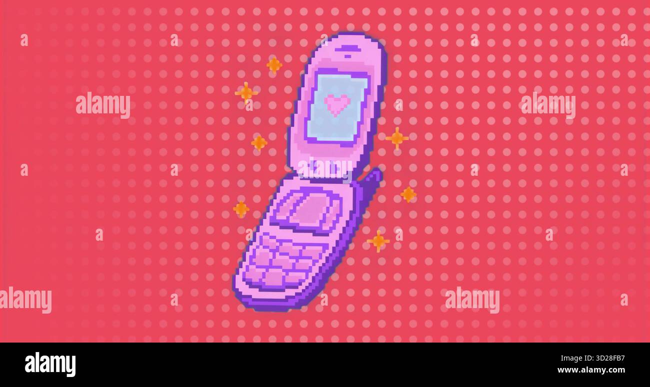 Displaying pink pixel-art flip phone opening on red dots, showing heart ...