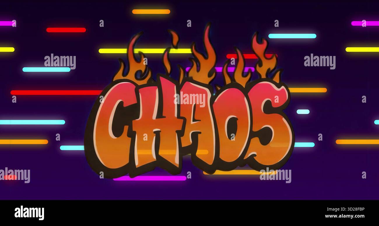 Displaying graffiti word CHAOS flickering in digital art composition ...