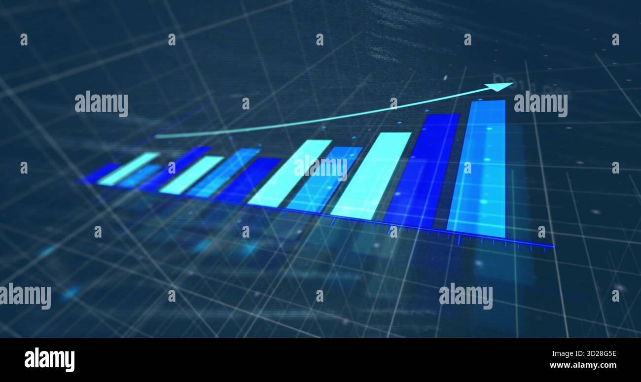 Displaying seven 3D bars rising above digital grid with numeric axis ...