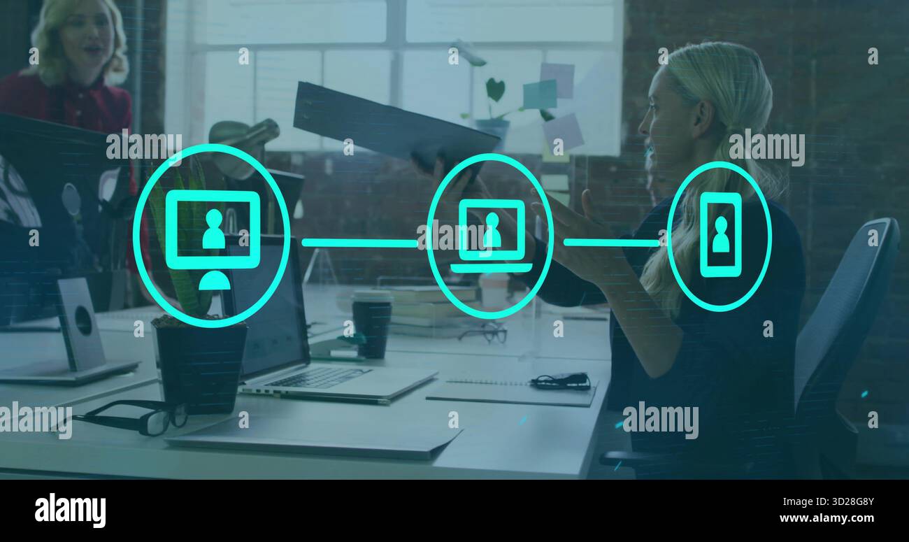 Showcasing teal device icons filling center in loft-style conference ...