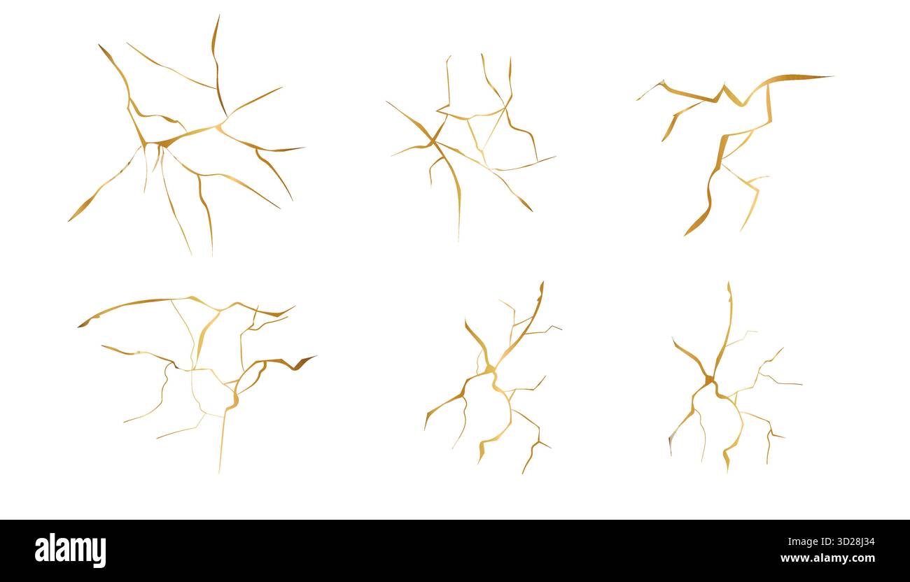 Golden cracks collection effect in japanese kintsugi art mosaic style ...