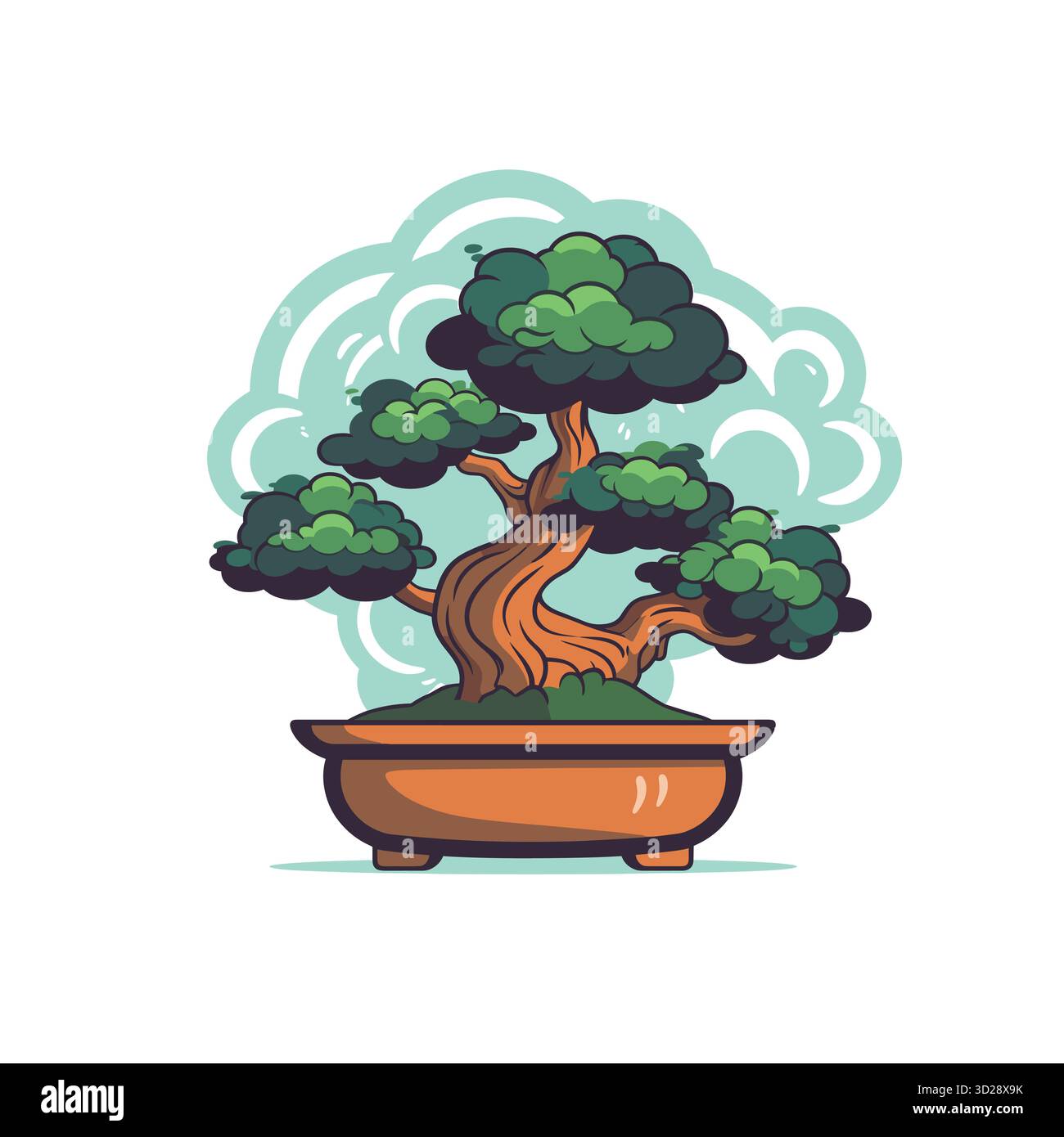 Cartoon of a miniature Bonsai tree in an orange pot against a light ...