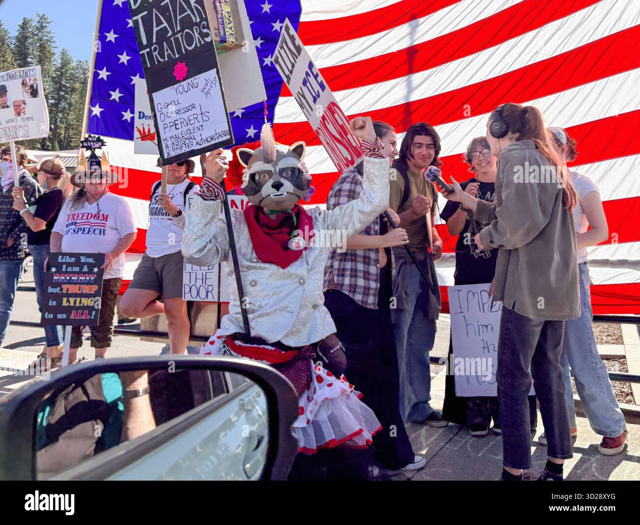 Rural Protest with Costume, Journalism, and Giant American Flag Stock ...