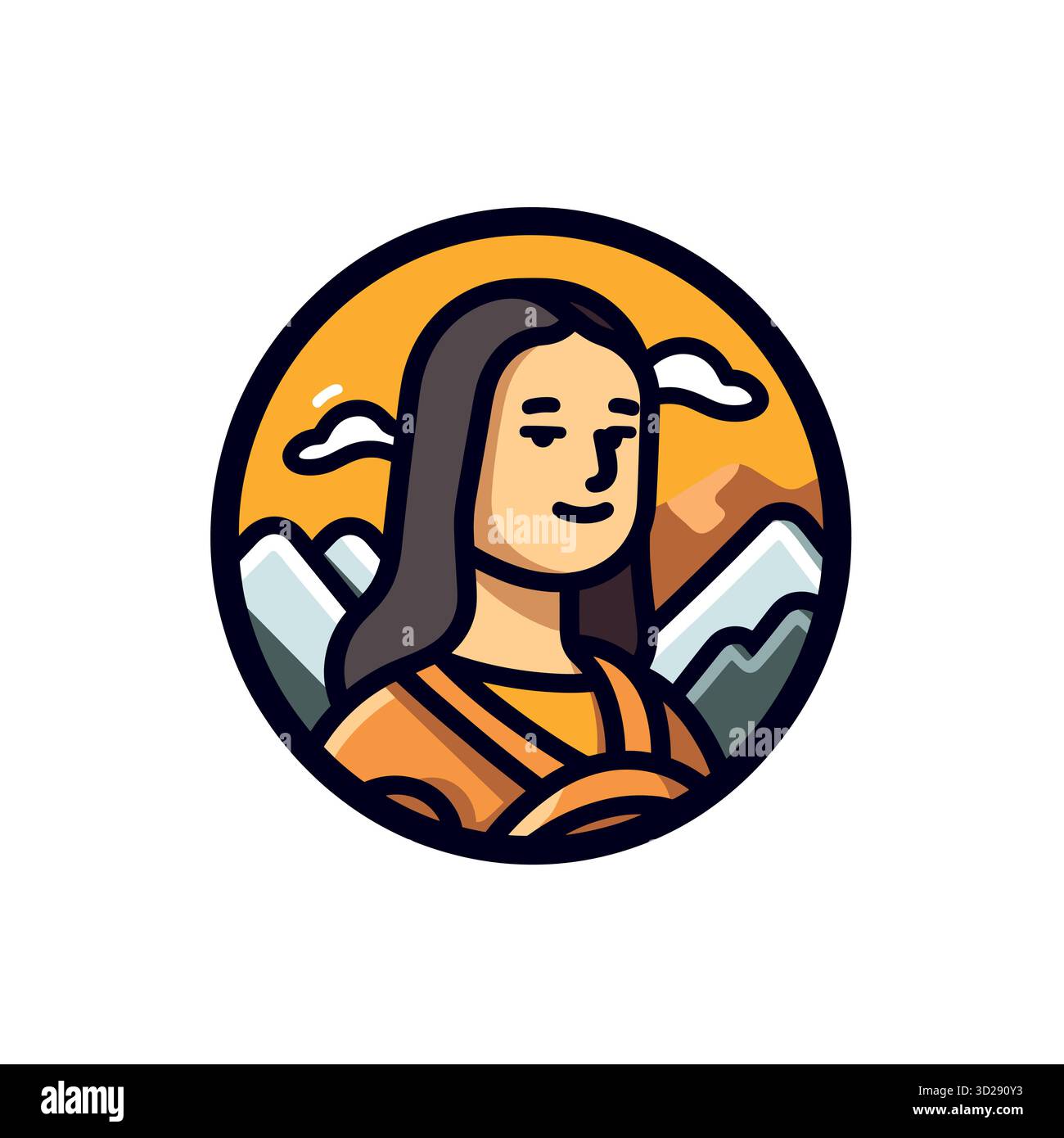 Stylized mona lisa icon with mountains, clouds and yellow sky ...