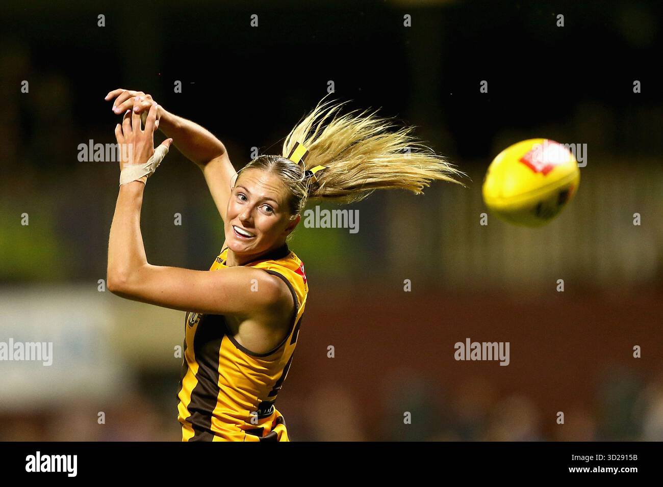 Mikayla Williamson of the Hawks attempts a mark during the AFLW Round ...