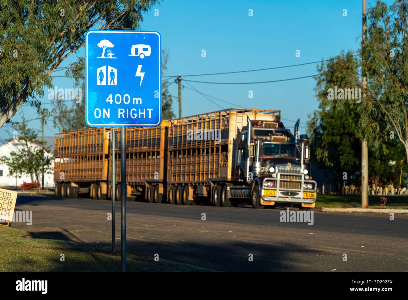 Rest area signage and Road Train parked on street in Muttaburra ...