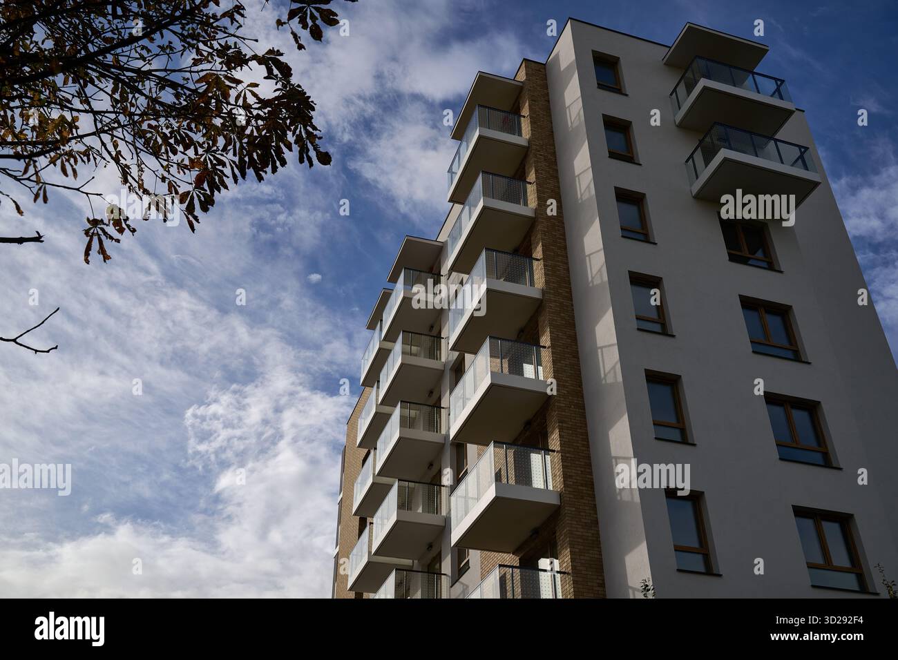Residential building facade brick white autumn trees, contemporary ...
