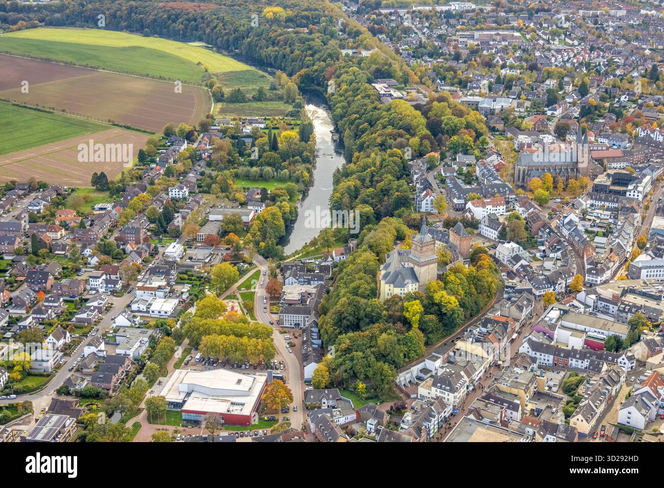 Luftbild, Kleve Kermisdahl Wandergebiet und Fluss, Wiesen und Felder am ...