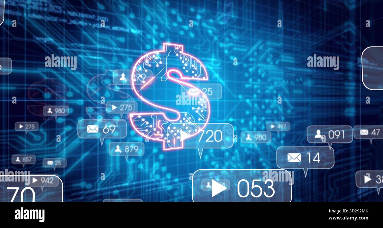 Pulsating neon dollar sign hovering over circuit-board interface, with ...