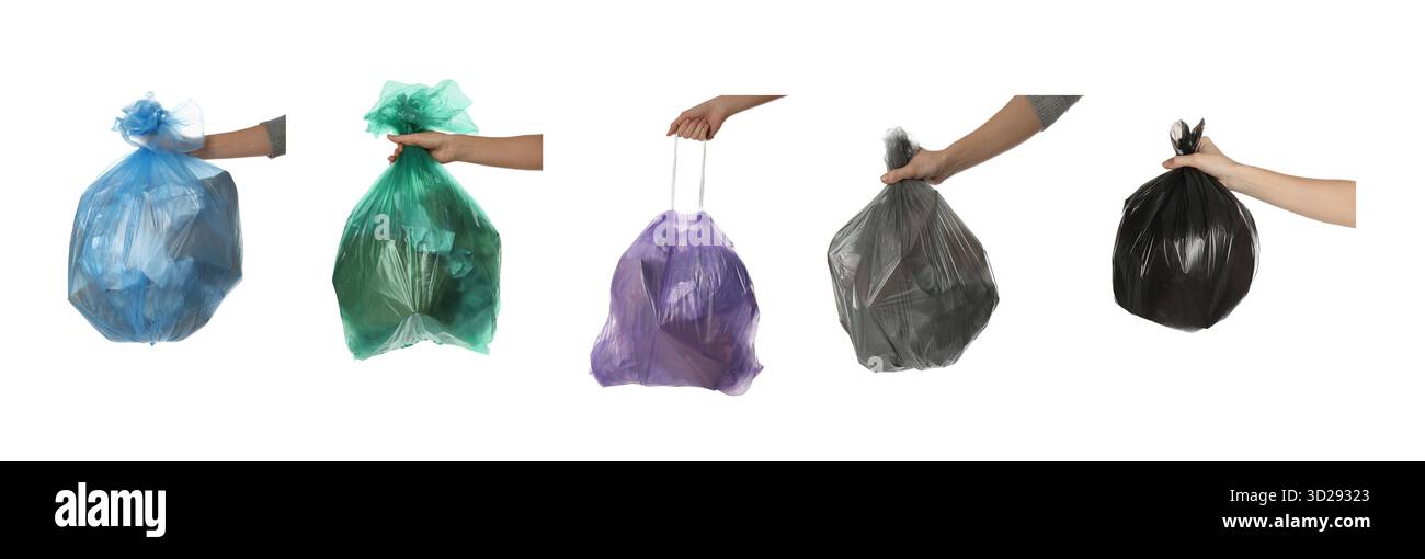 People holding plastic bags with garbage isolated on white, set Stock ...