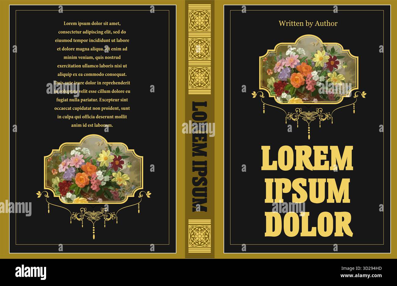 Antique book cover design featuring a colorful bouquet of flowers and ...