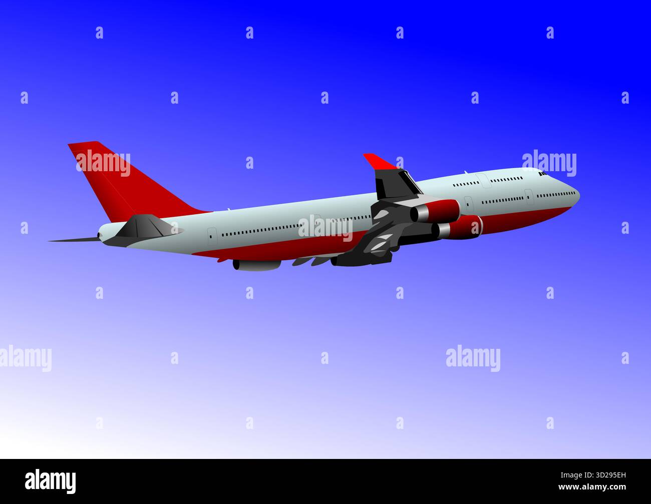 Red and white wide body passenger airplane flying in clear blue sky ...