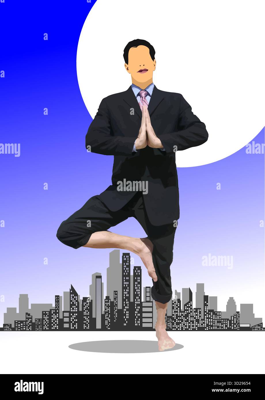 Businessman is balancing on one leg while meditating in the tree pose ...