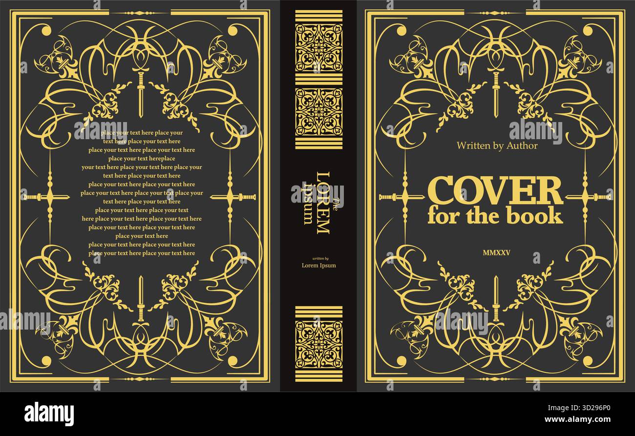 Elegant book cover design featuring gold ornaments and swords, perfect ...