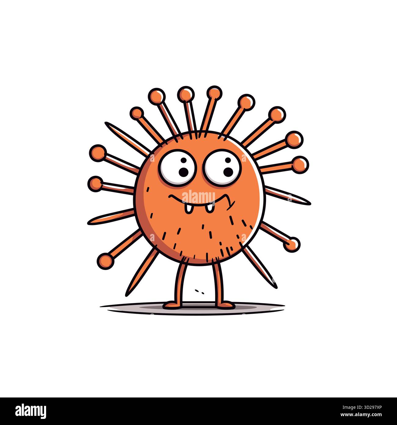 Cartoon orange virus stands with a smiling face and protruding spikes ...
