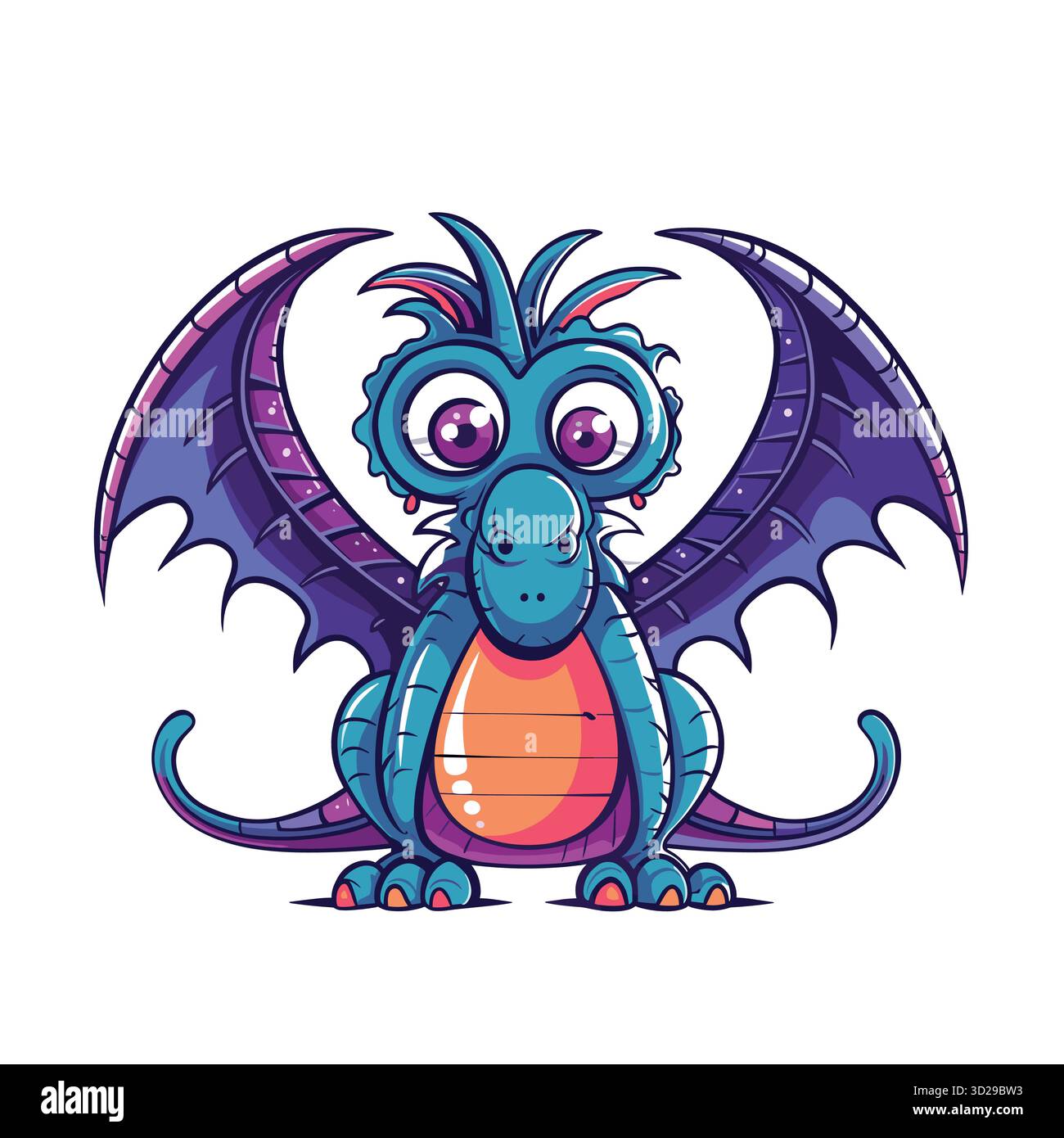 Cartoon dragon sitting, looking forward with big eyes and large wings ...