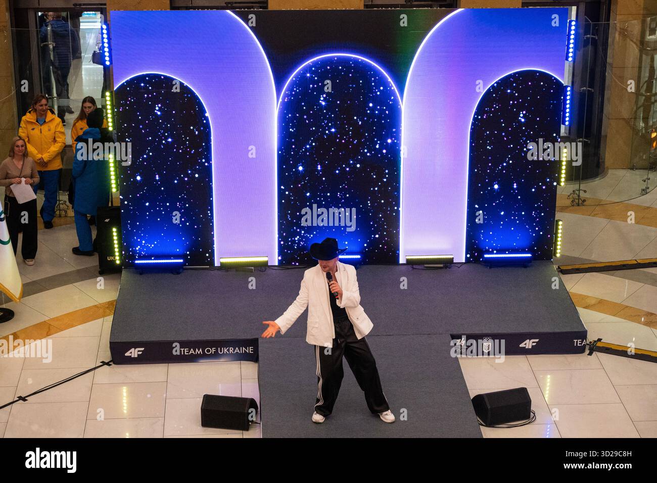Ukrainian singer Vlad Darwin entertains the audience during a ceremony ...