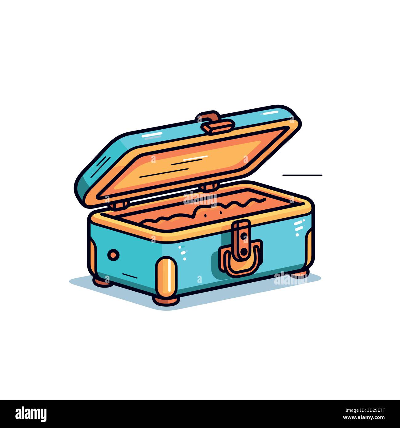 Cartoon illustration of an open teal and orange treasure chest on a ...
