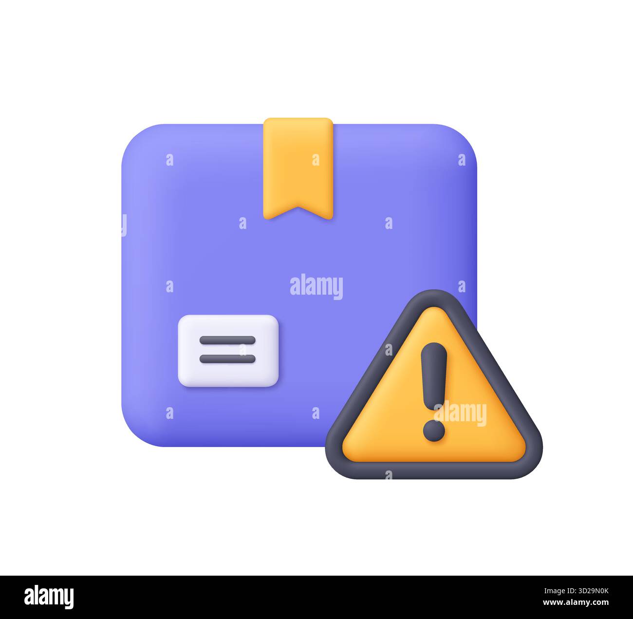 Purple cardboard package box and yellow warning triangle symbol with ...