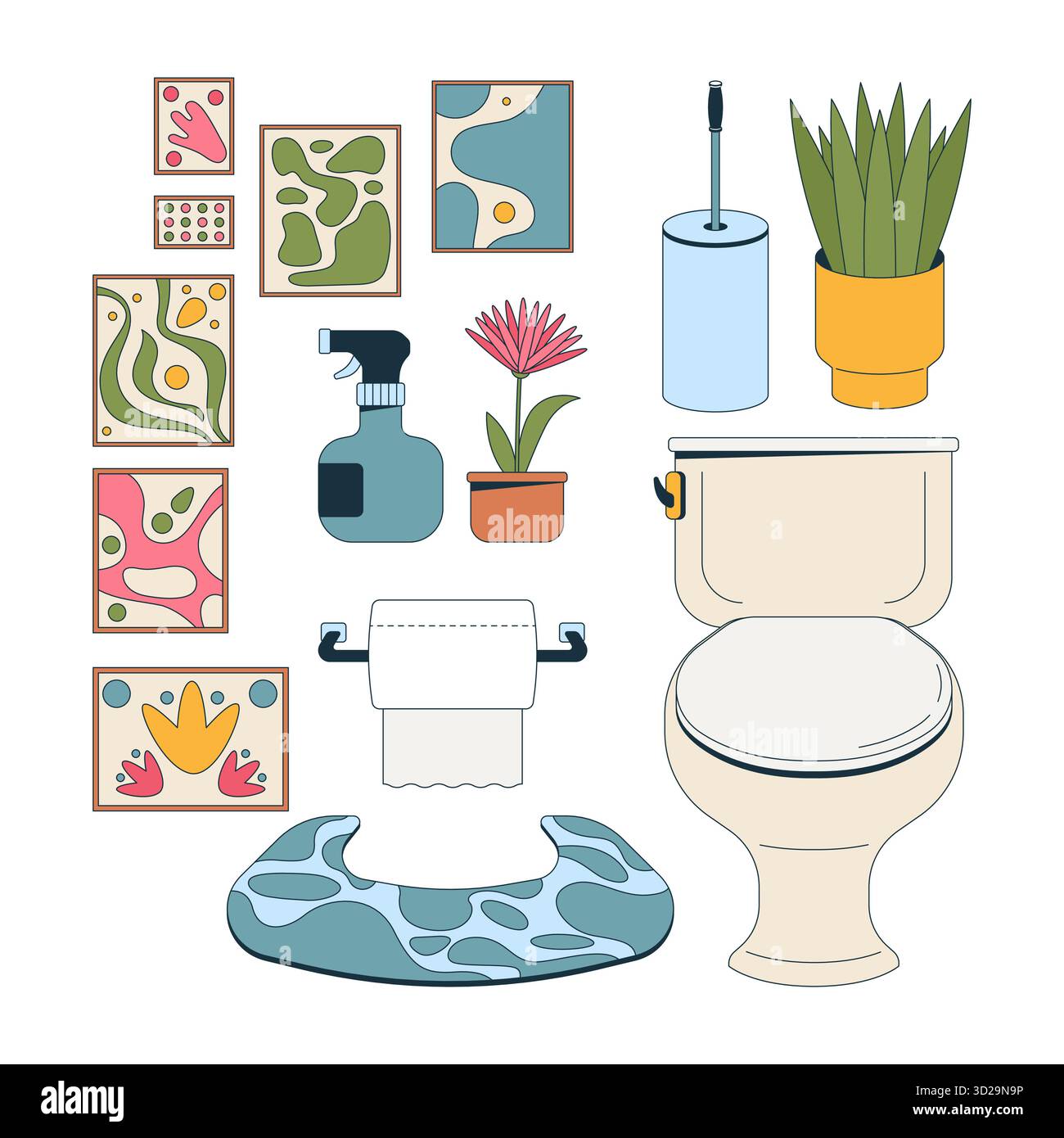 Cozy eclectic toilet decor 2D cartoon objects set Stock Vector Image ...