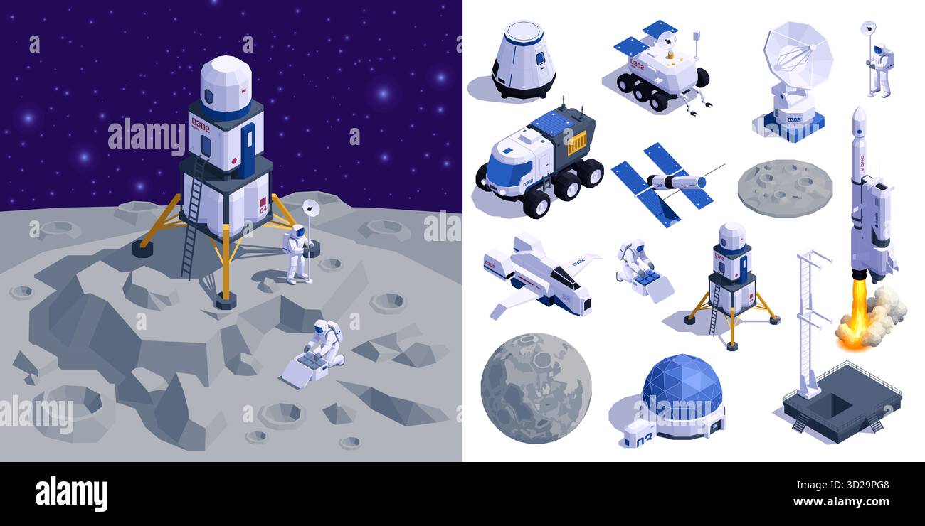 Poster featuring orbital station and moon landing mission with ...