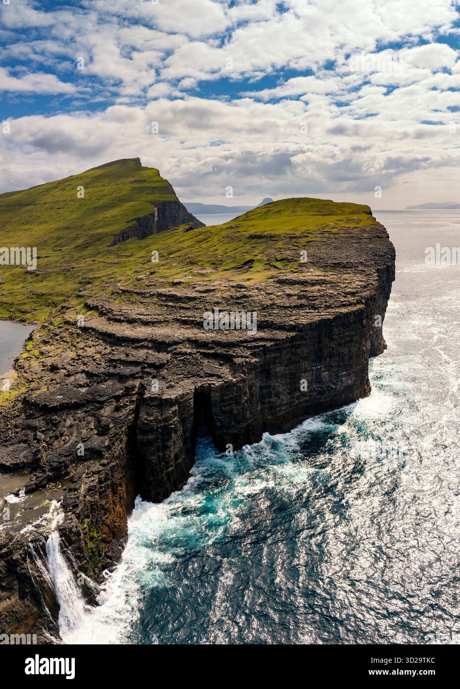 an vertical view of Sorvagsvatn Lake and Bosdalafossur Waterfall on ...