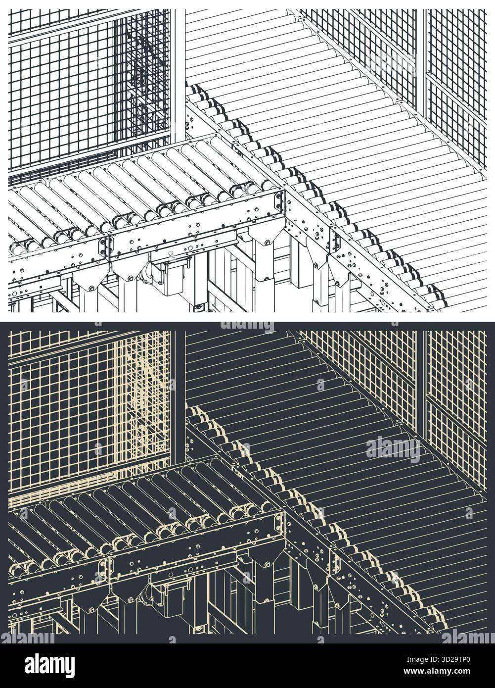 Conveyor for warehouses and factories isometric drawings close-up ...