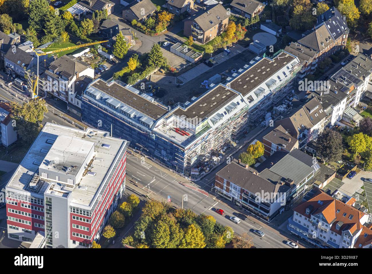 Aerial view, senior campus construction site with new building and ...