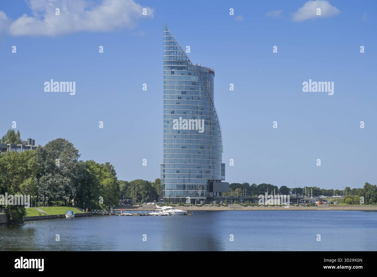 Saules Akmens skyscraper, Latvian headquarters of Swedbank, Duena River ...
