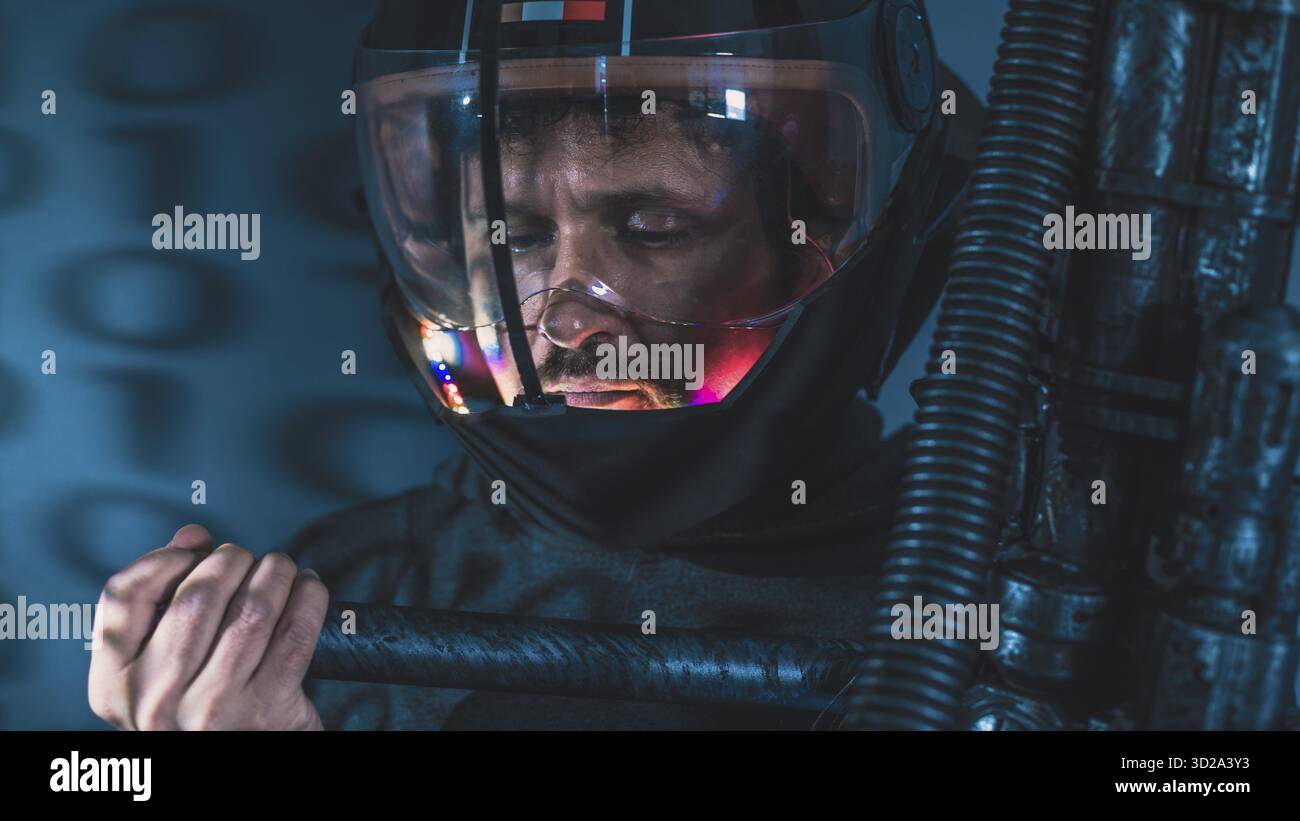 Space man with led lights helmet, space suit and gun in the shape of a ...