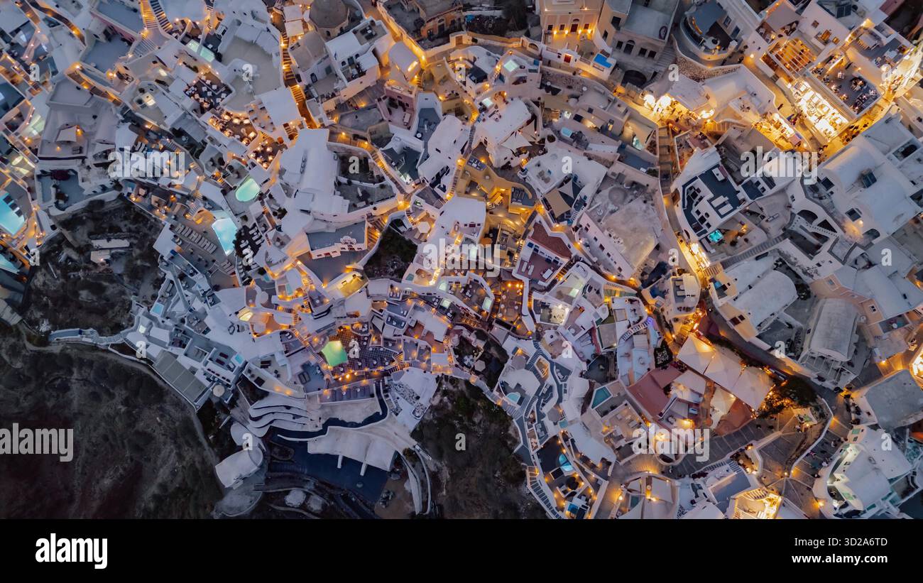Aerial photo capturing the vibrant nightlife and unique building ...