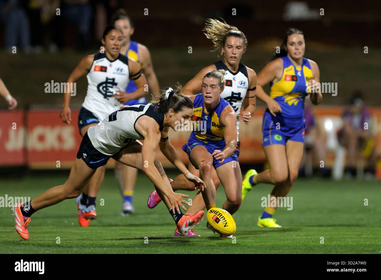 Dayna Finn of the Blues collects the ball under pressure from Isabella ...