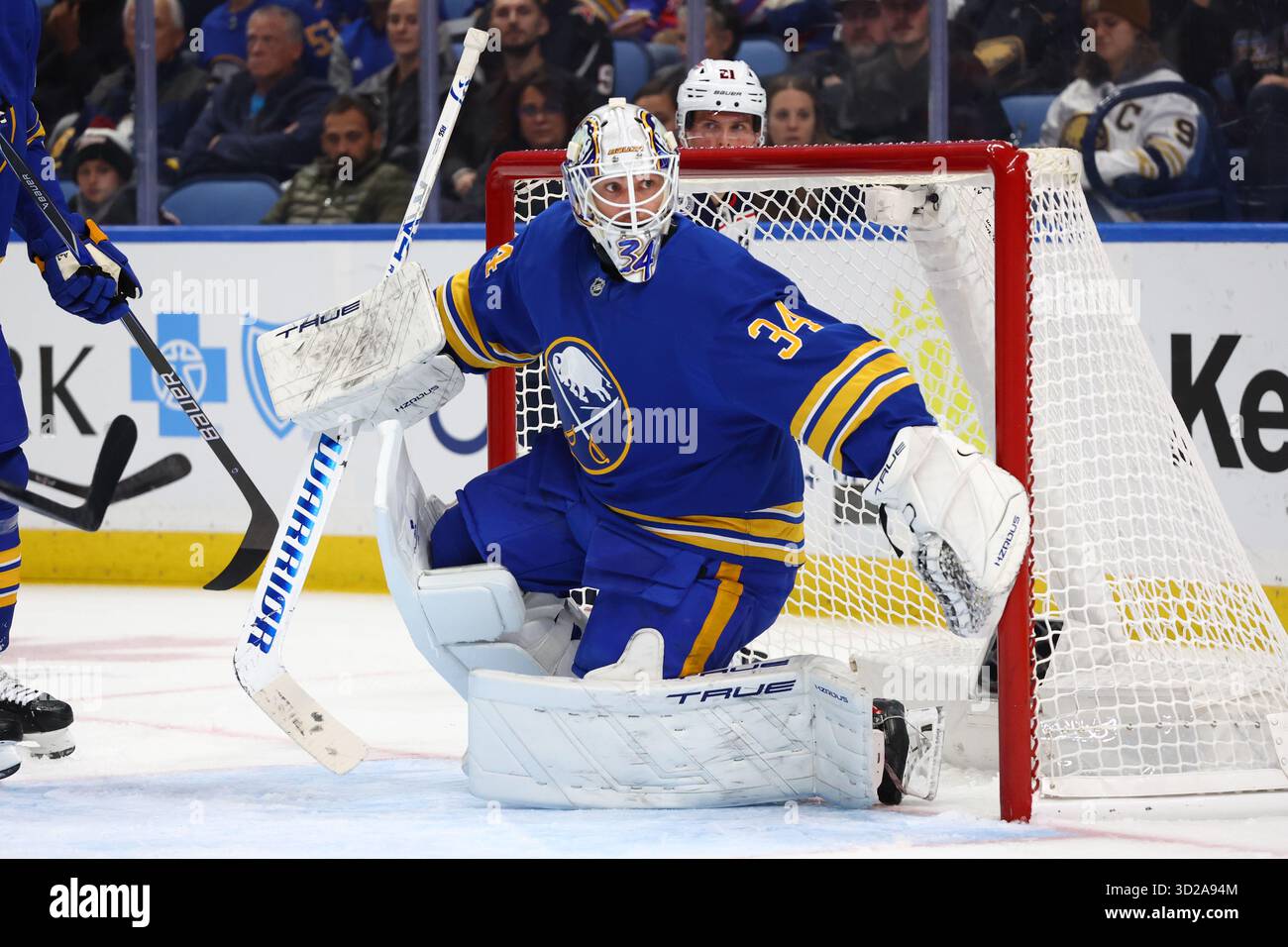Buffalo Sabres goaltender Alex Lyon (34) watches the puck during the ...