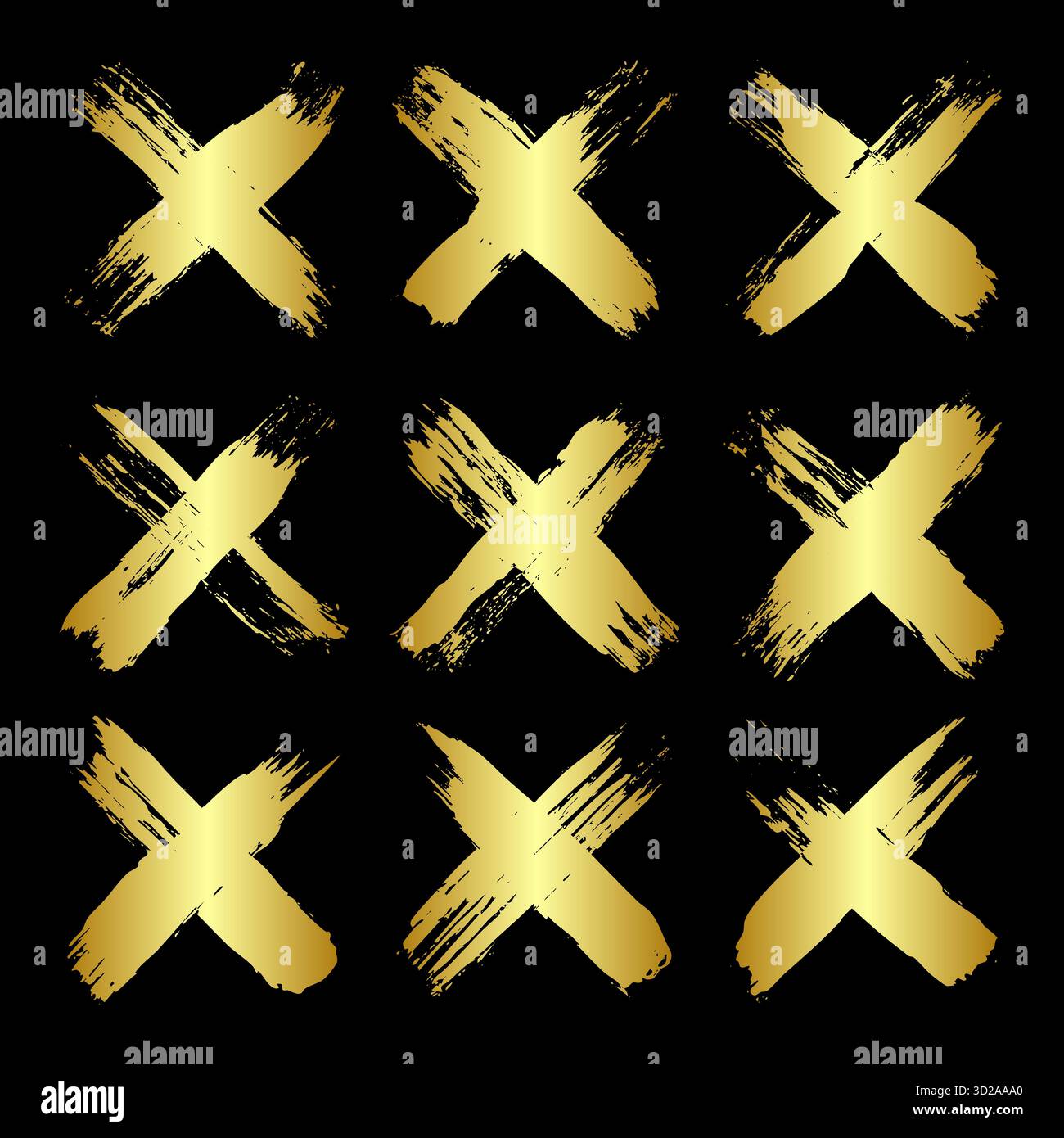 Golden grunge crosses, brush strokes, lines, ink smudges, hand-drawn ...