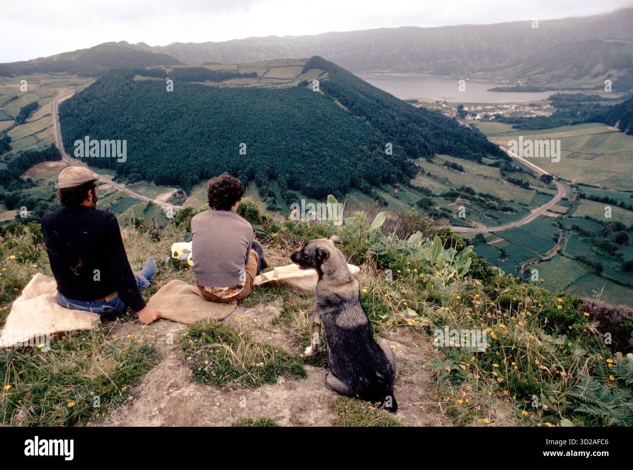 São Miguel Island, The Azores. Two shepherds and their dog rest during ...