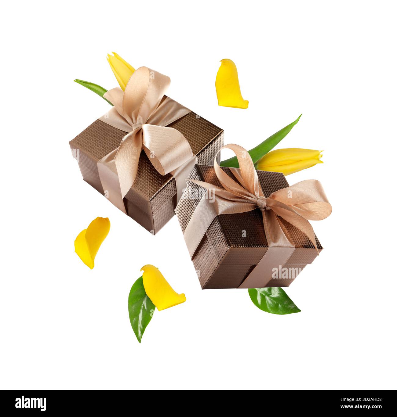 Gift boxes, flowers and petals flying in air on white background Stock ...