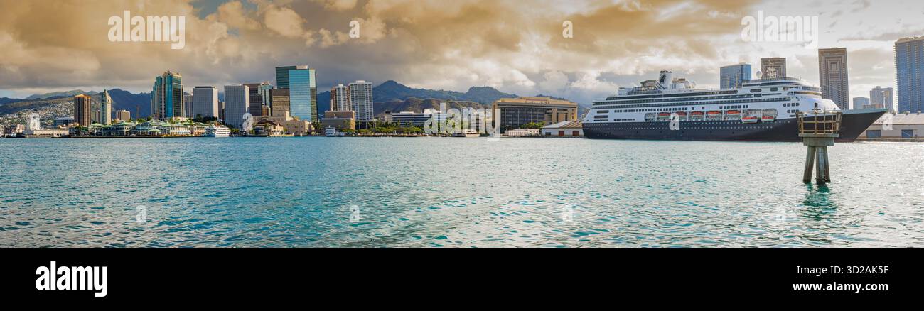 Cruise Ship Docked In Honolulu Harbor With The City Skyline, Sand ...