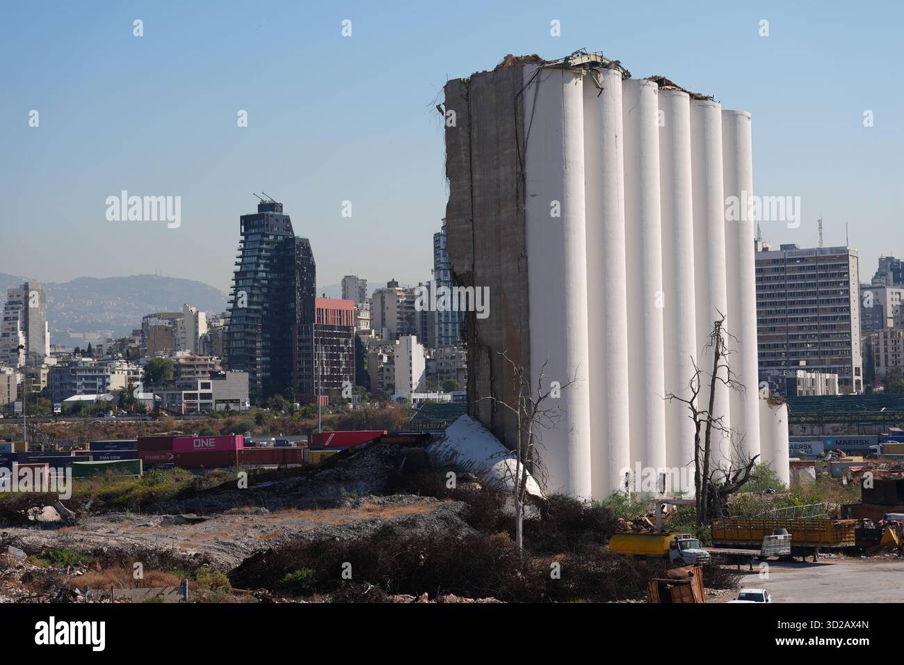 31 October 2025, Lebanon, Beirut: View of a destroyed silo that ...