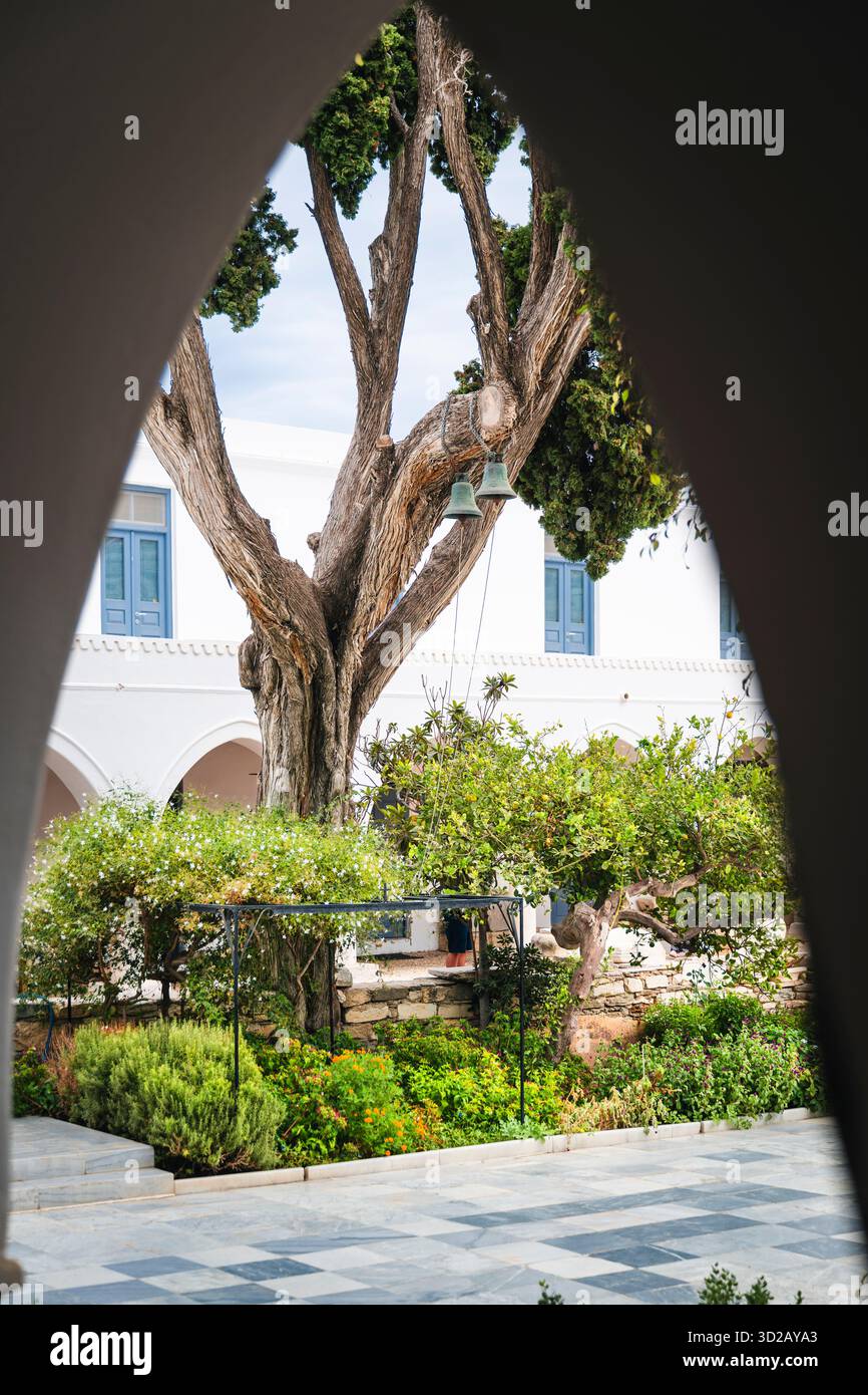 Tree with two bells in the courtyard of the Panagia Ekatontapiliani ...