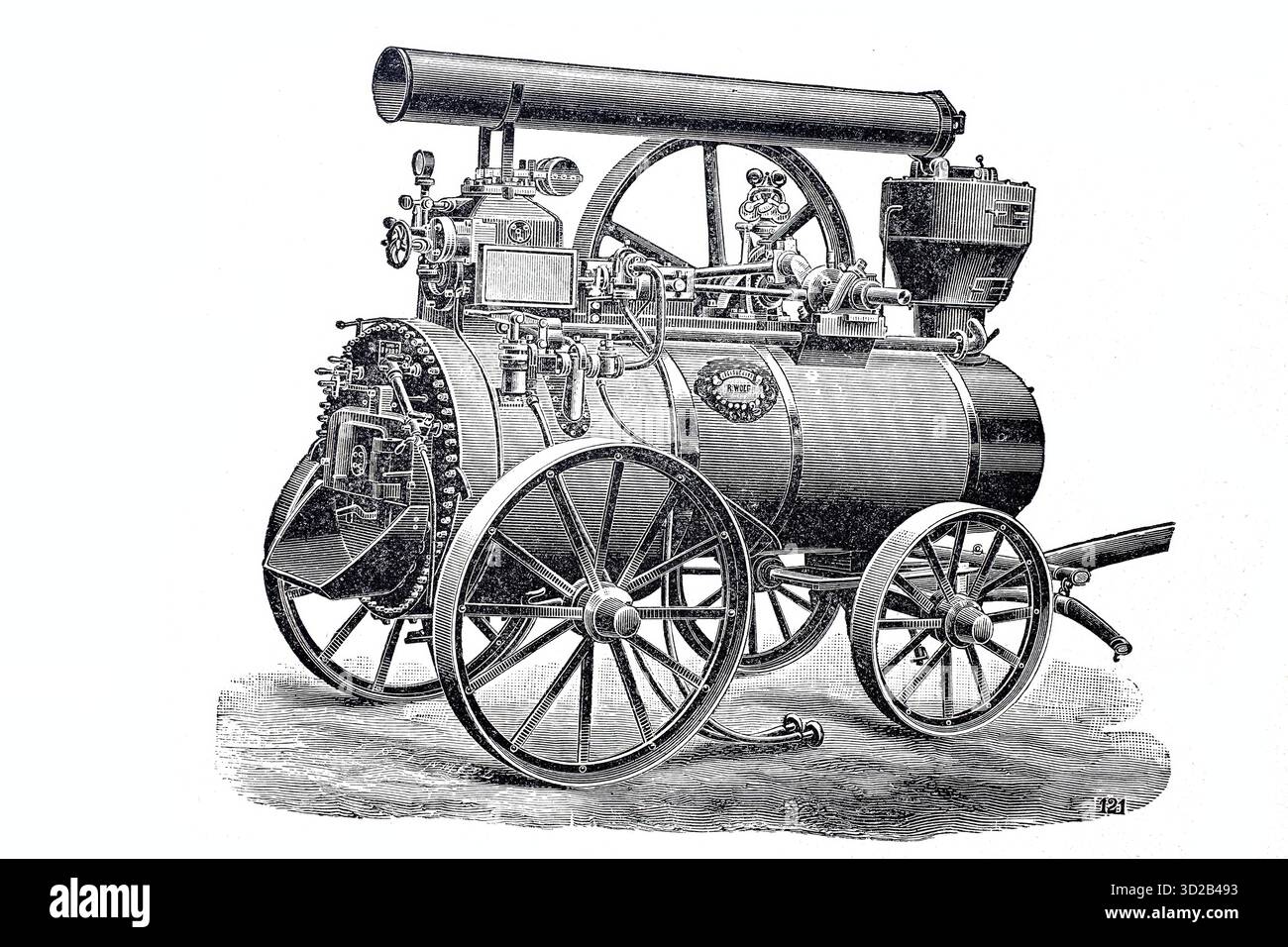 Agriculture, harvest, locomobile, a steam engine plant in a closed ...