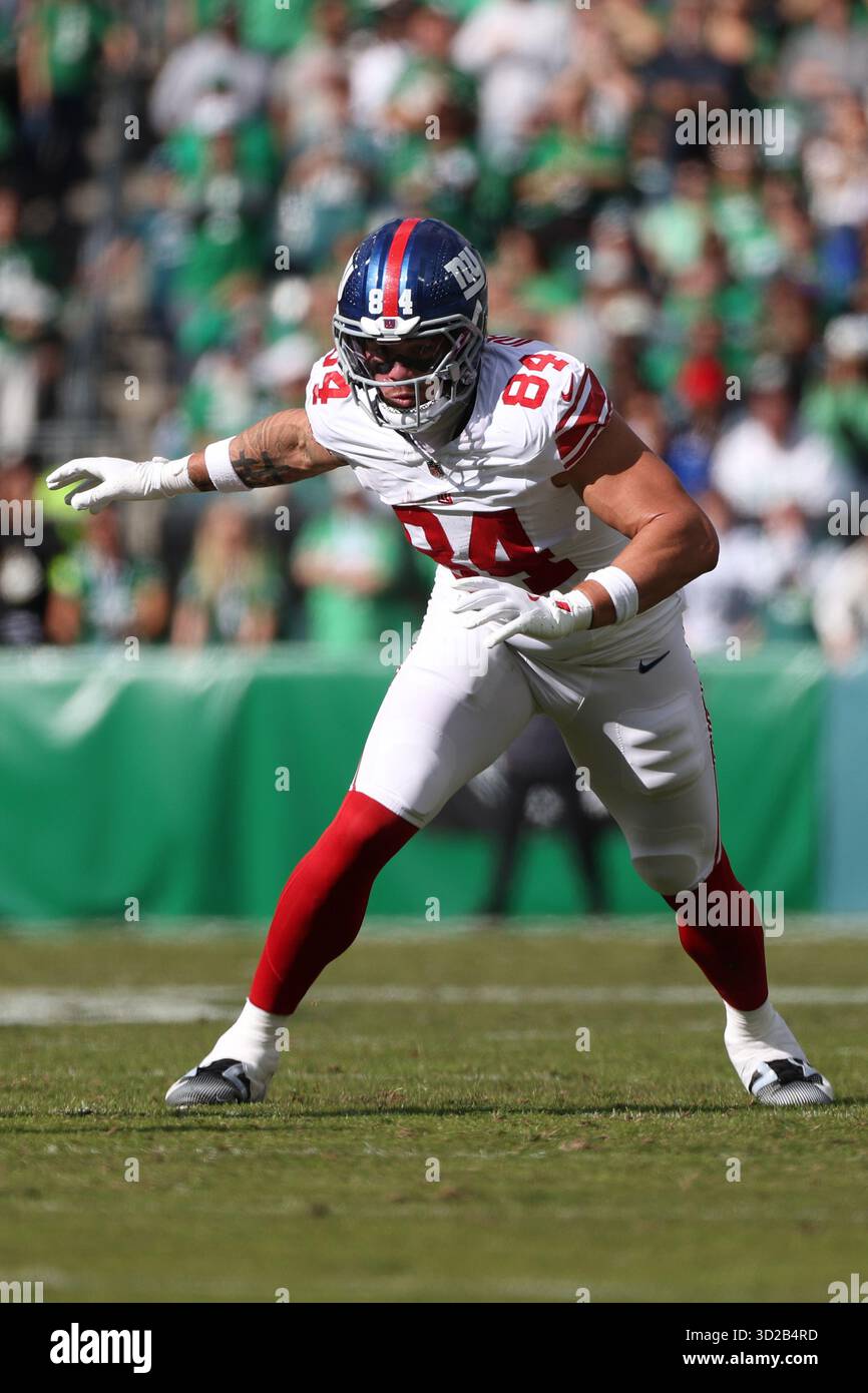 New York Giants tight end Theo Johnson (84) runs a route during an NFL ...