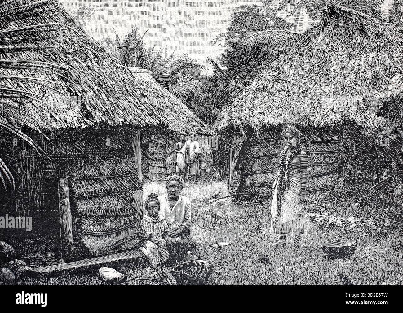 Village view in Samoa, circa 1880, digitally enhanced reproduction of a ...