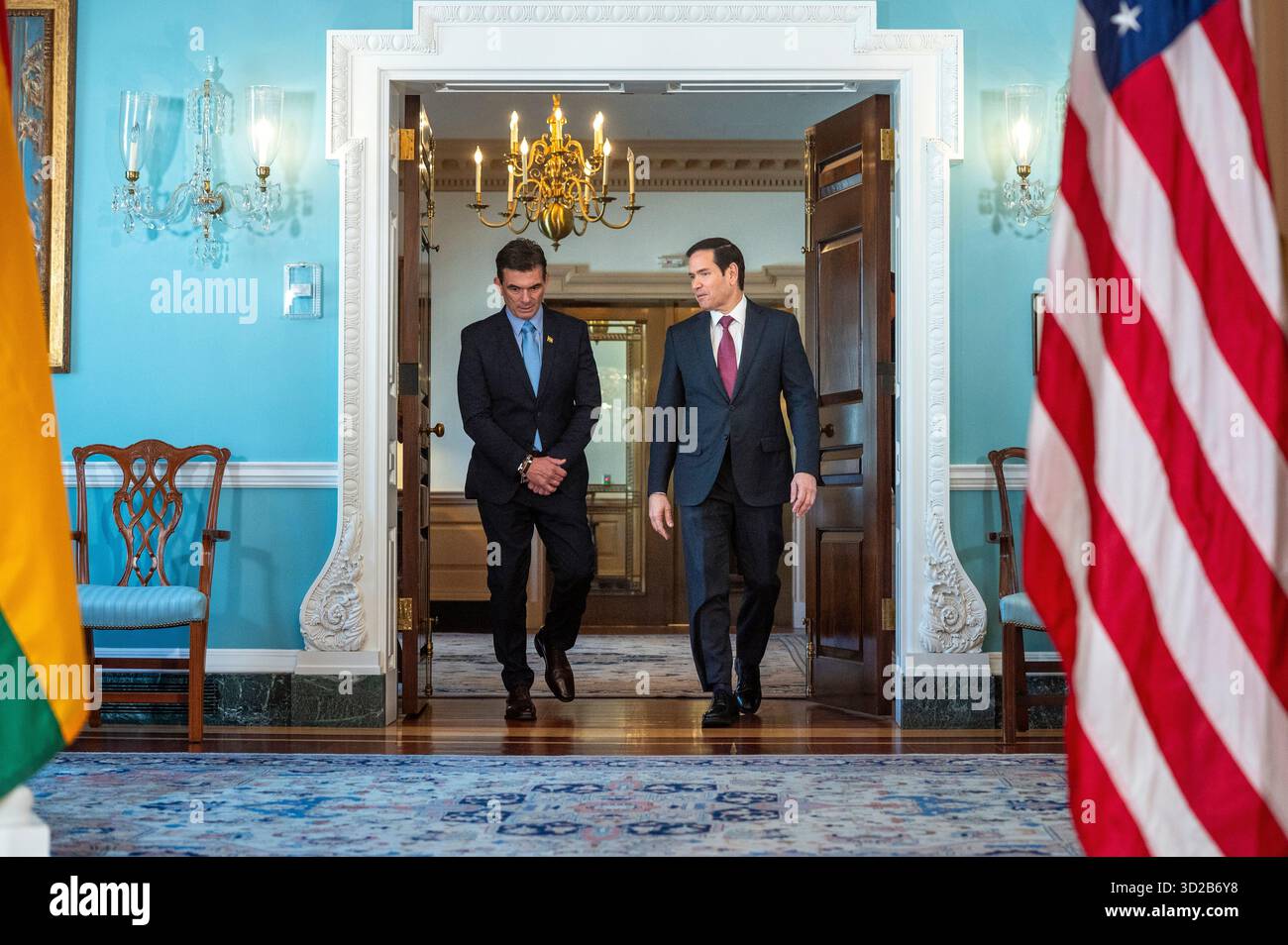 Secretary of State Marco Rubio, right, meets with Bolivia's President-elect Rodrigo Paz at the ...